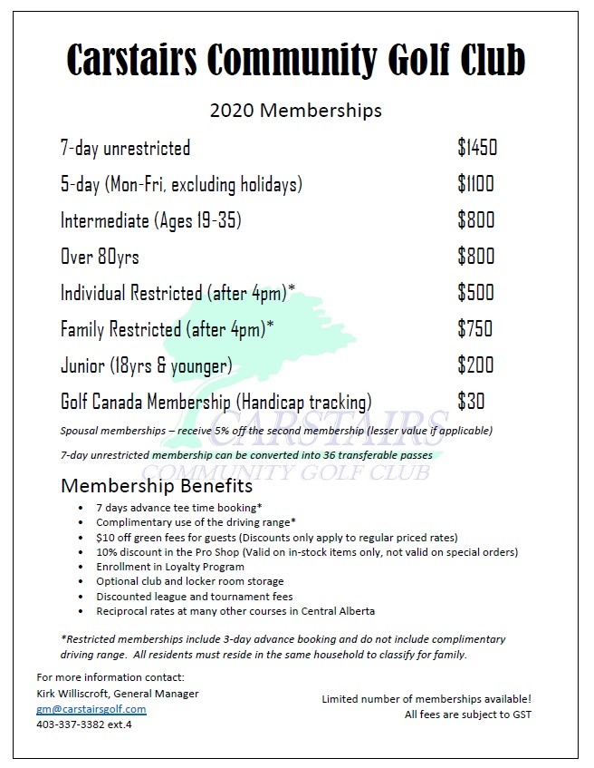 2020 Memberships – Carstairs Community Golf Club